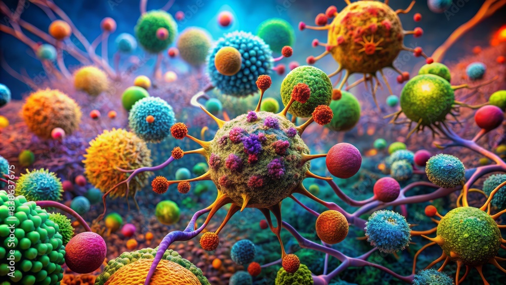 Colorful illustration of tumor microenvironment showcasing intricate ...