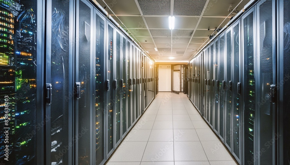 Empty modern server room with large servers, wires and buttons. Data ...