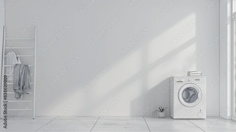 a simple laundry room, a washing machine, white metal frame rack, white ...