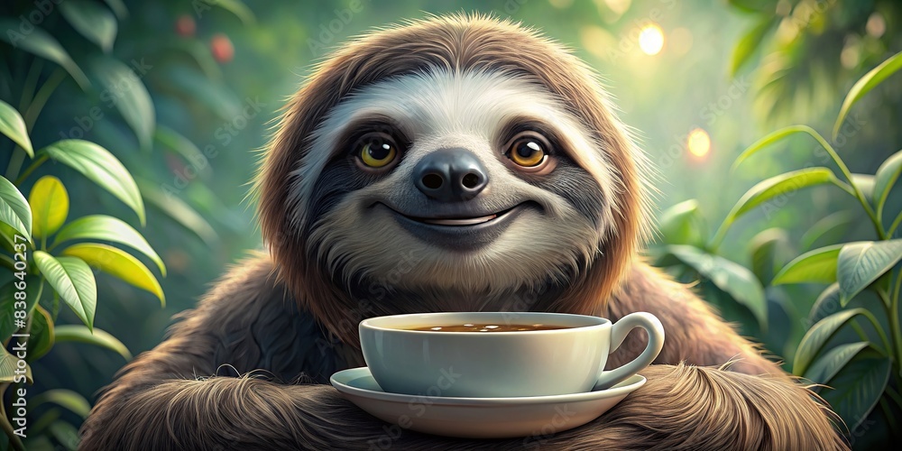 Funny cartoon drawing of a happy sloth having a morning coffee. Amazing ...