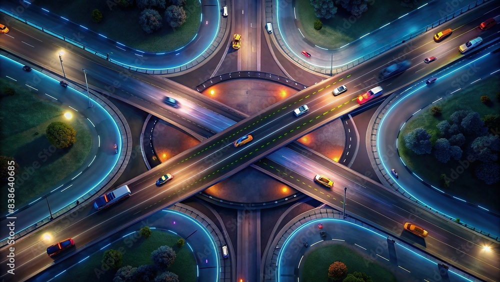 Aerial view of a busy highway junction with cars navigating roundabouts ...