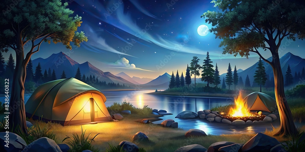 Scenic view of a lakeside camping site with tents pitched and a ...