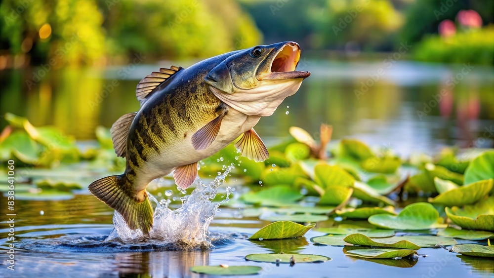 Largemouth black bass jumping out of lily pads in a pond, fish, lily ...
