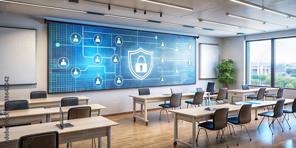Classroom setting with a whiteboard displaying cybersecurity concepts ...