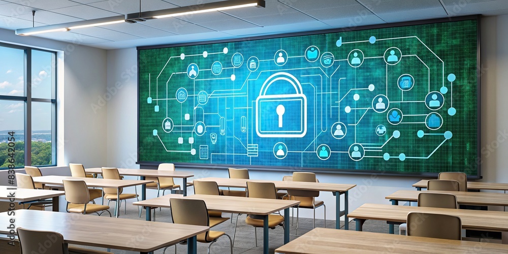 Classroom setting with a whiteboard displaying cybersecurity concepts ...