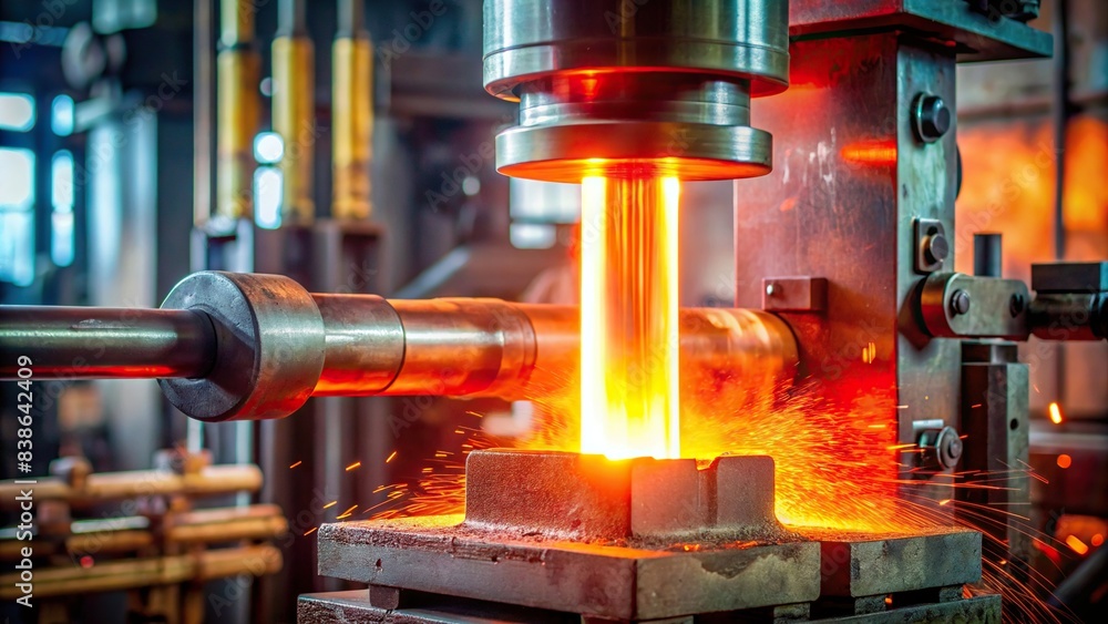 High-tech metal forging process in a manufacturing shop showing a ...