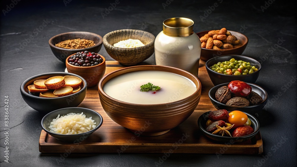 Traditional Korean Makgeolli rice wine in a gold liquor bowl with ...