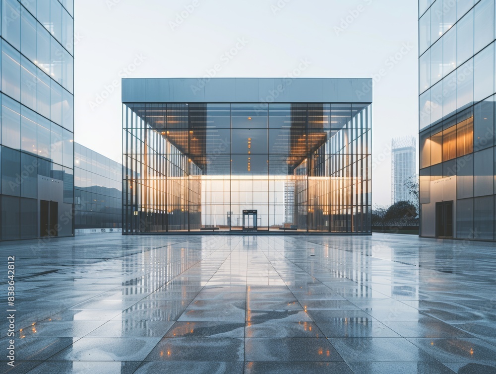 A minimalist modern building with a glass facade, standing on a broad ...