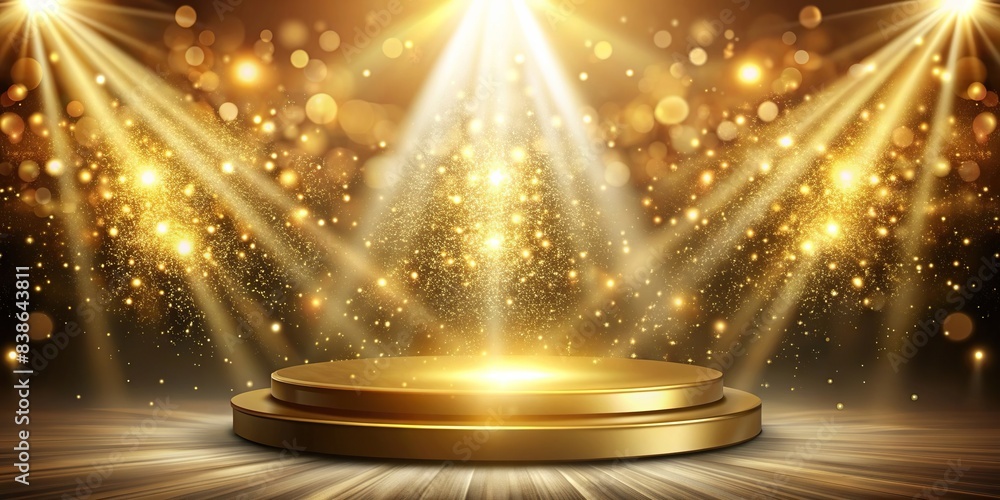 Golden studio podium with spotlight, bokeh gold particles and light ...