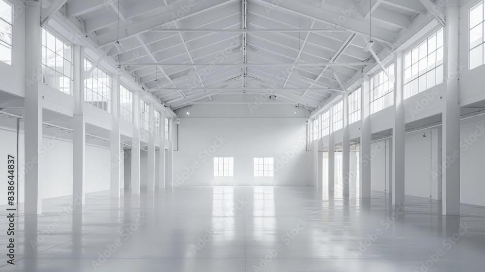 Industrial white warehouse with high ceilings and an empty floor plan ...