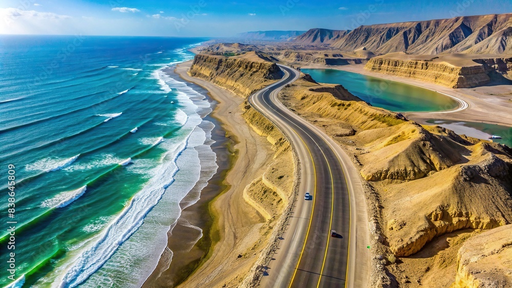 Scenic landscape of Makran Coastal Highway with winding road and ocean ...