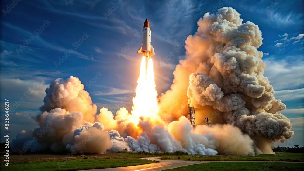 Rocket launching into the sky with a trail of smoke behind it , rocket ...
