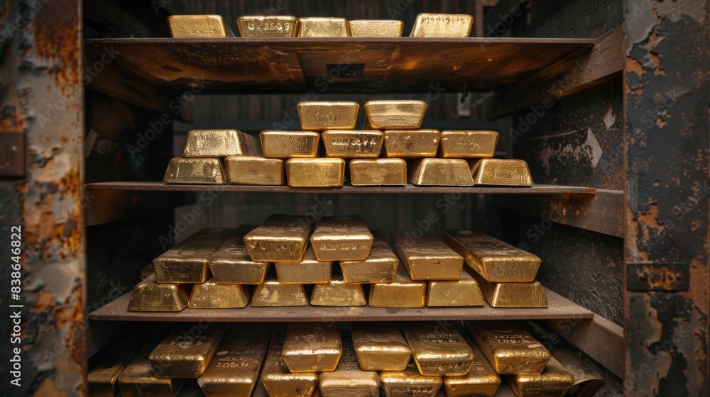 A stack of gold bars displayed in a secure vault, illustrating the safe ...