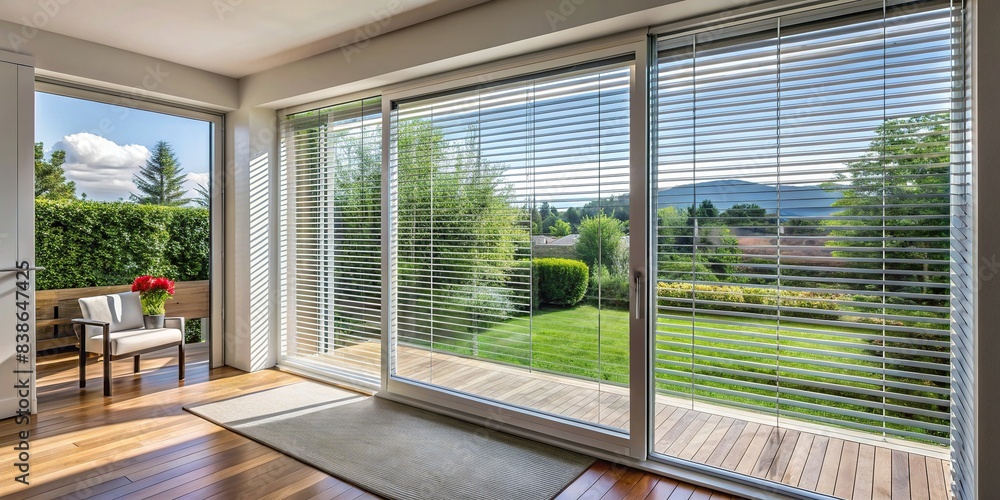 Modern jalousie on a sliding window with access to garden terrace ...