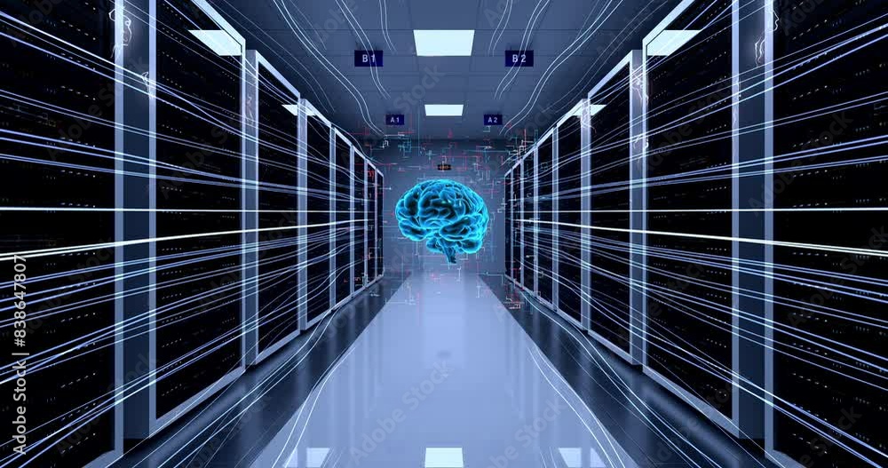 Human brain symbolizing artificial intelligence. Rack servers in data ...