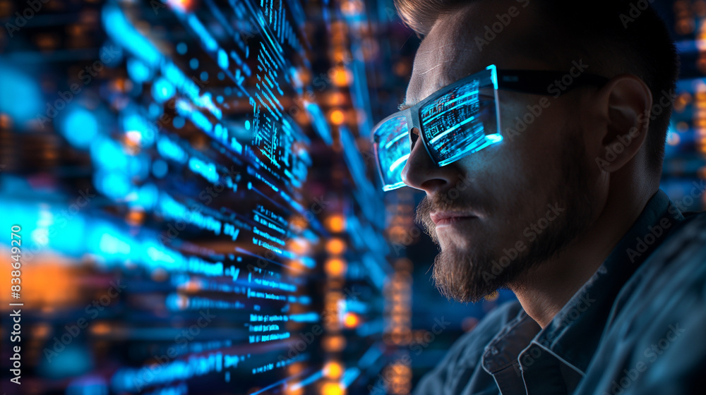 a professional male hacker working on cyber security with holograms of coding scripts, digital ...