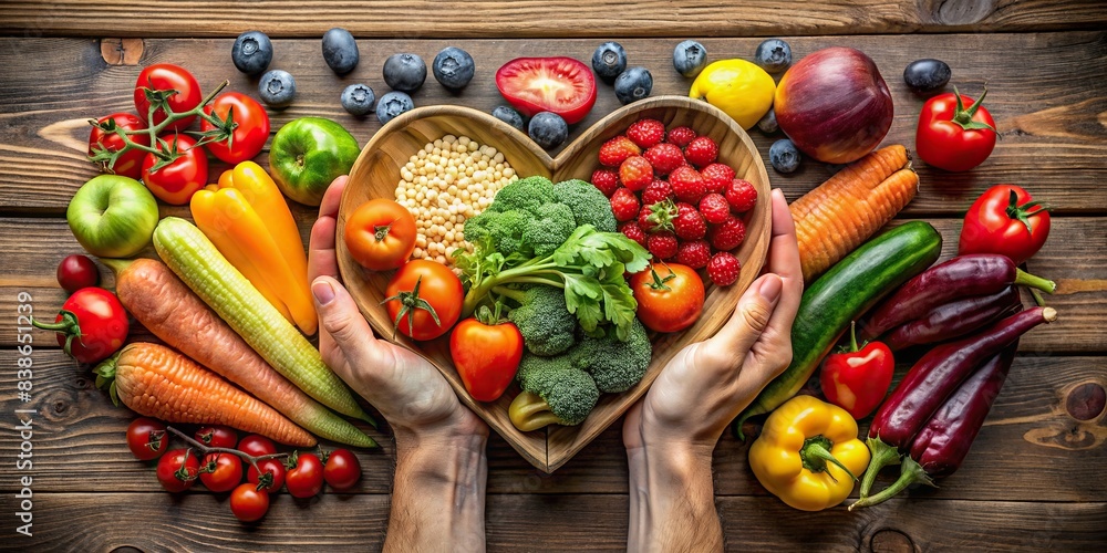 Two hands holding a heart surrounded by nutritious foods like fruits ...