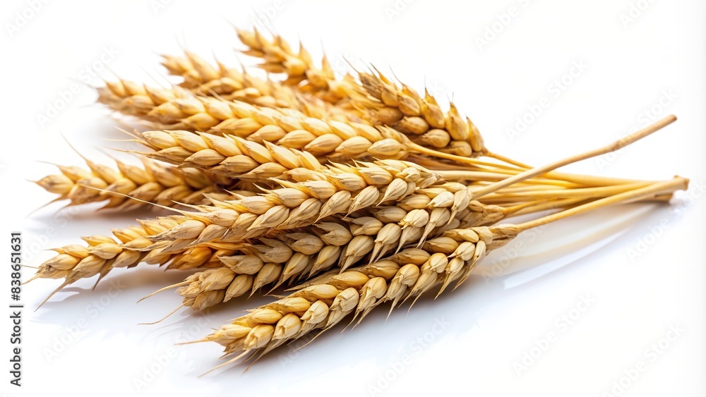 Spikelets of wheat isolated on white background, with selective focus ...
