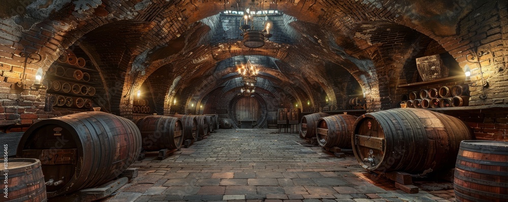 An old brick wine cellar with entire aging wooden barrels lining the ...