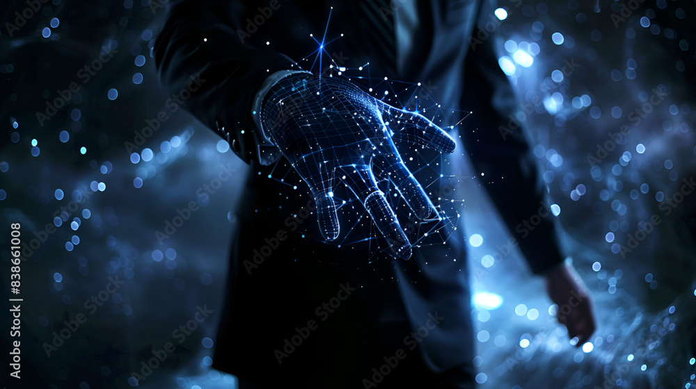 una mano de una persona con un holograma y puntos de datos digitales ...