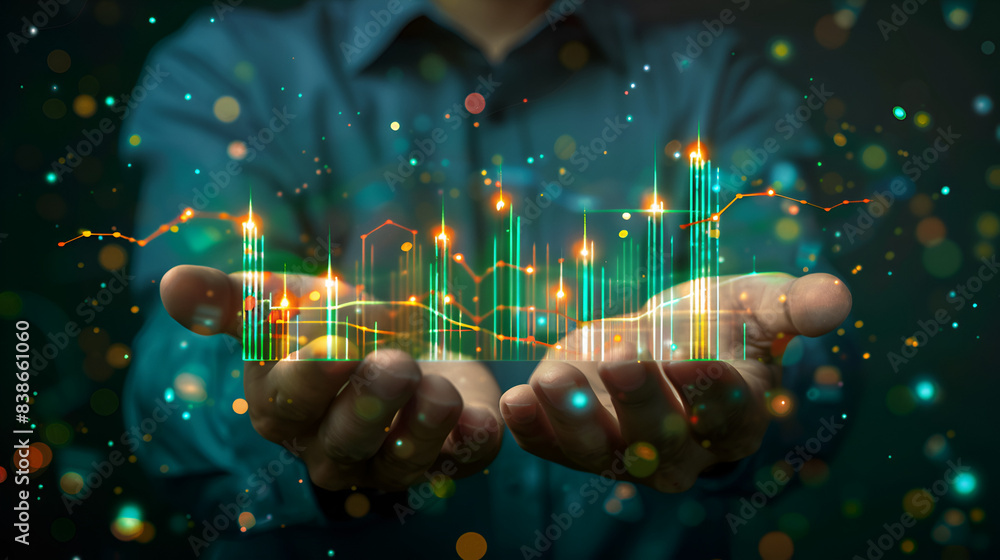 negocio virtual hombre sosteniendo un holograma de comunicaciones ...