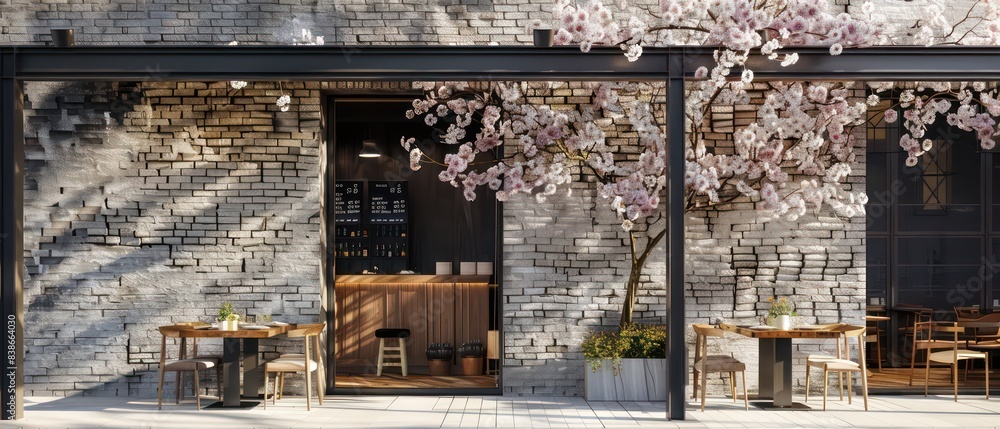 Stylish cafe exterior featuring a blend of modern architecture and a ...