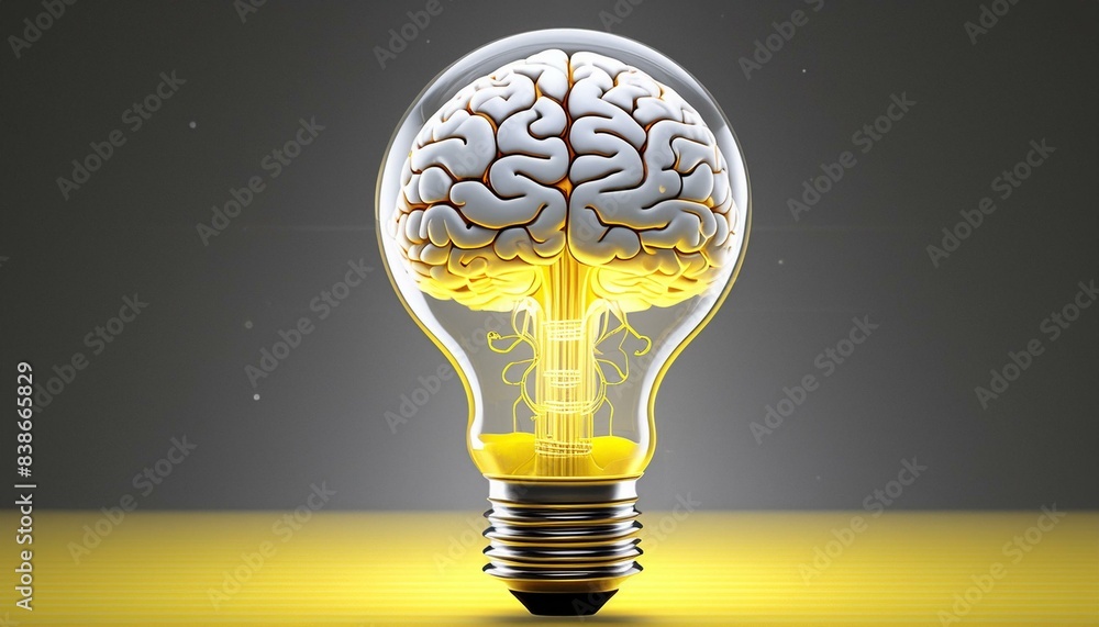 This illustration shows a light bulb with a human brain inside. The ...