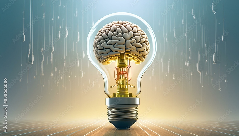 This illustration shows a light bulb with a human brain inside. The ...