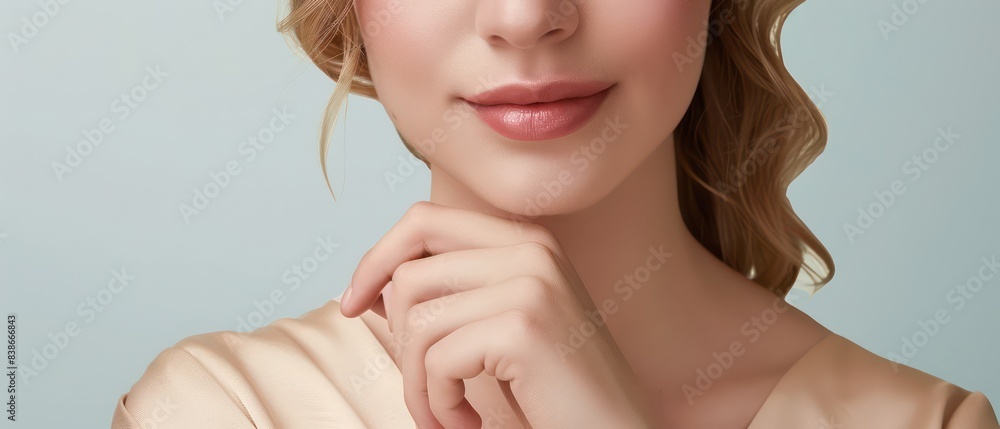 blonde woman in a formal deep neck poses in front of bright light blue ...