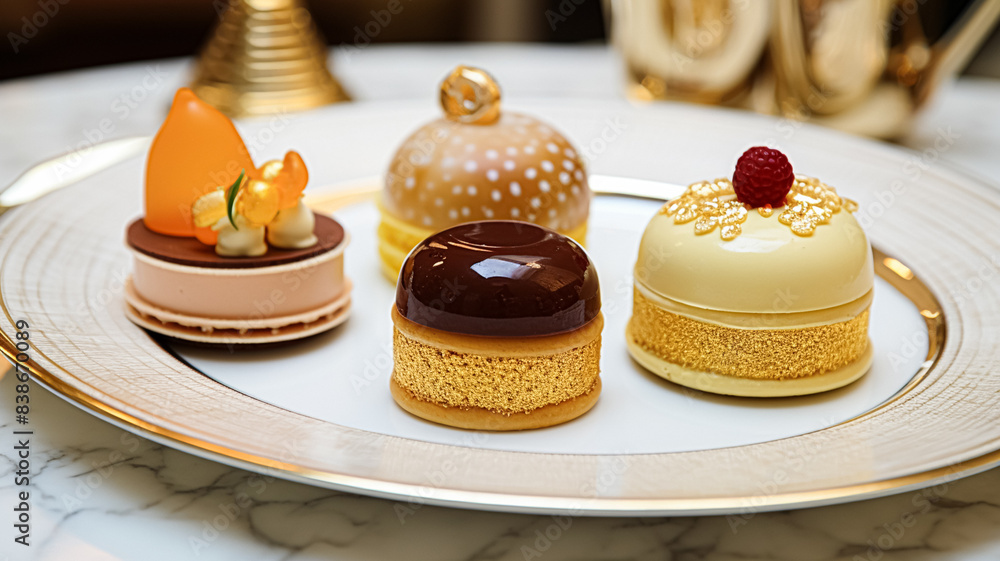 Food, dessert and hospitality, sweet desserts in restaurant a la carte ...