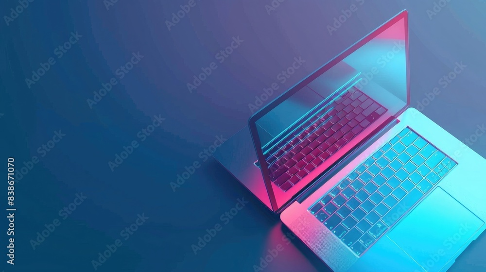 Rotated laptop balances on corner. Keyboard view on laptop on blue ...