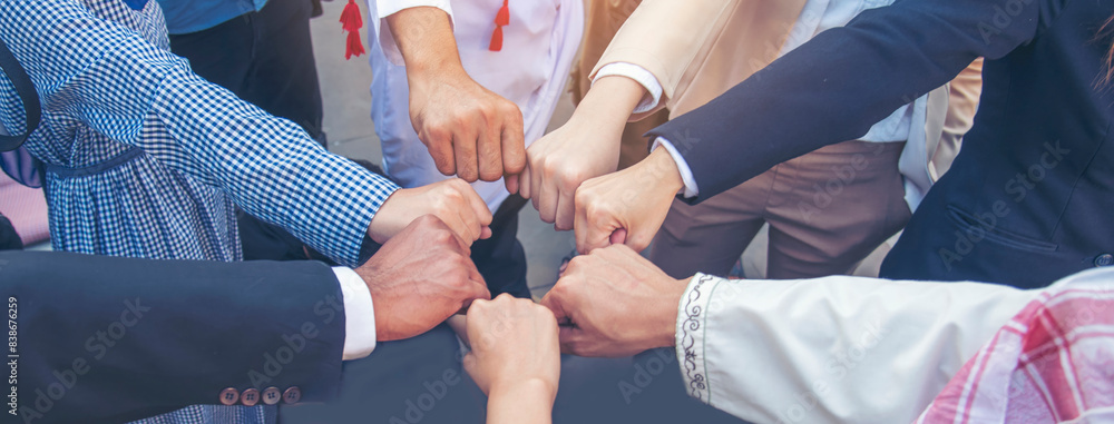 Banner diversity solidarity team multiethnic Partners hands together ...