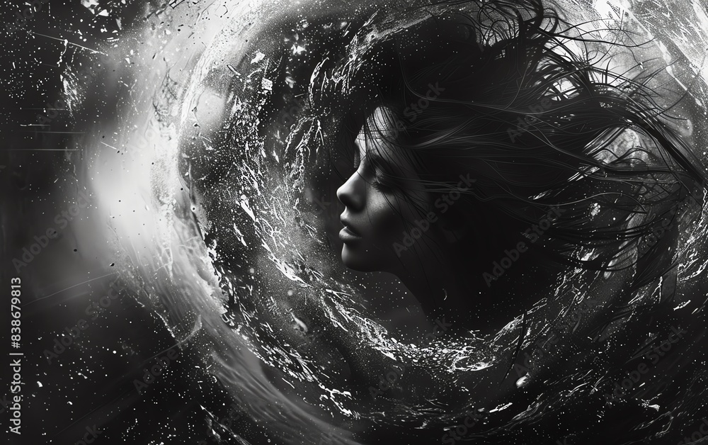 Sharp realistic image woman through a black hole, hair merging with ...