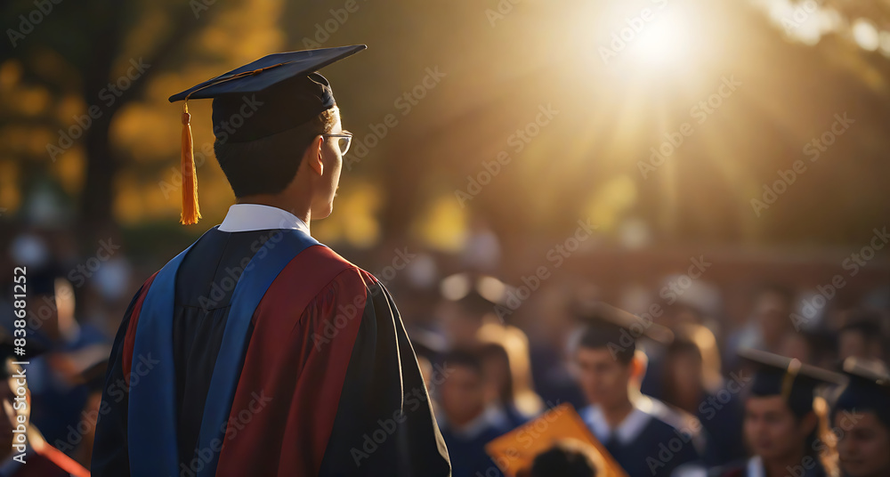 Young student man giving graduation speech to other graduated people ...