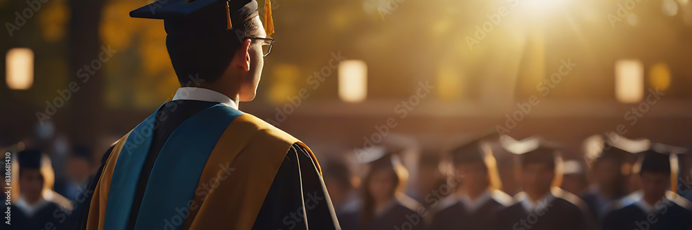 Young student man giving graduation speech to other graduated people ...