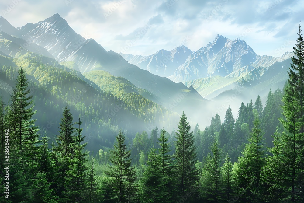 Mountain background with dense forest at the base, close up, wilderness ...