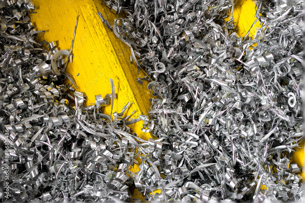 Pile of metal shavings bound for recycling. Scrap metal aluminum, iron ...