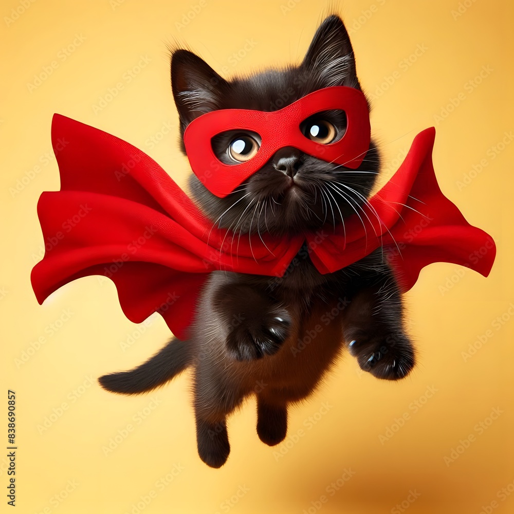 hero cat, Cute black tabby kitty with a red cloak and mask jumping and ...