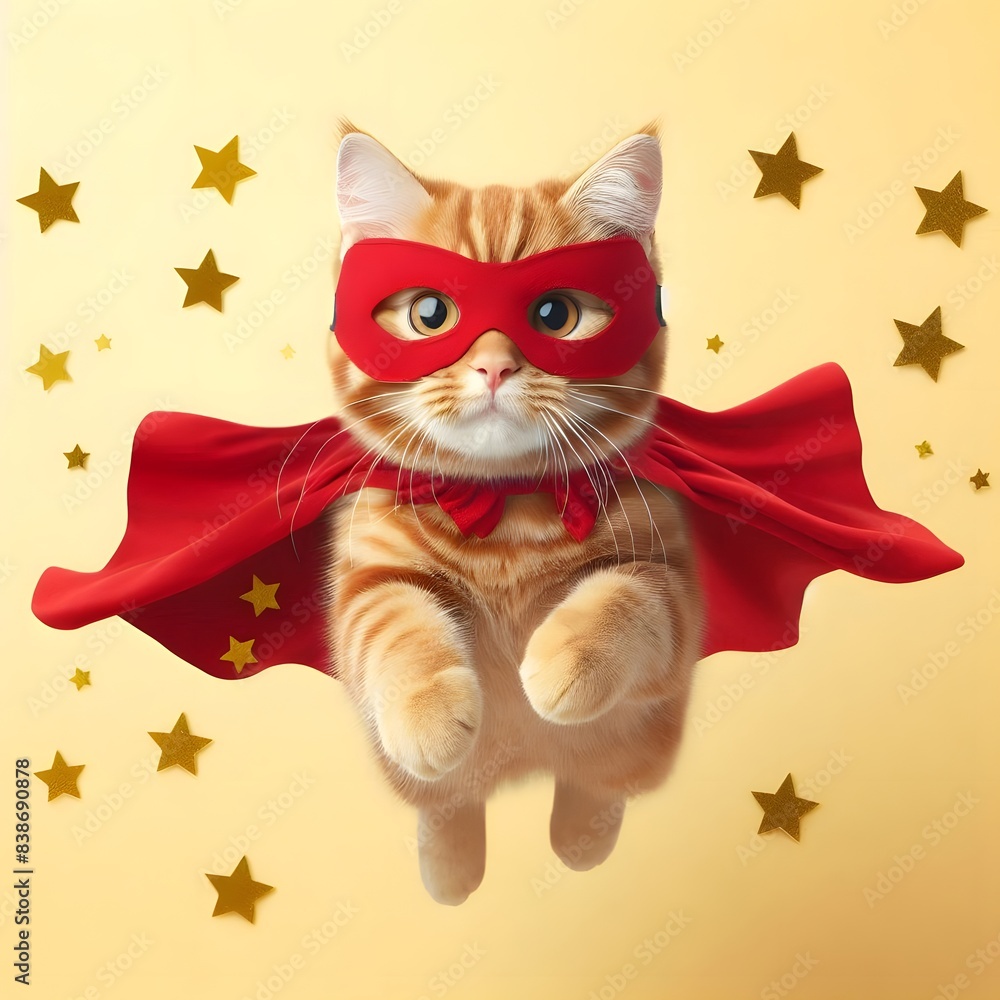 hero cat, Cute orange tabby kitty with a red cloak and mask jumping and ...