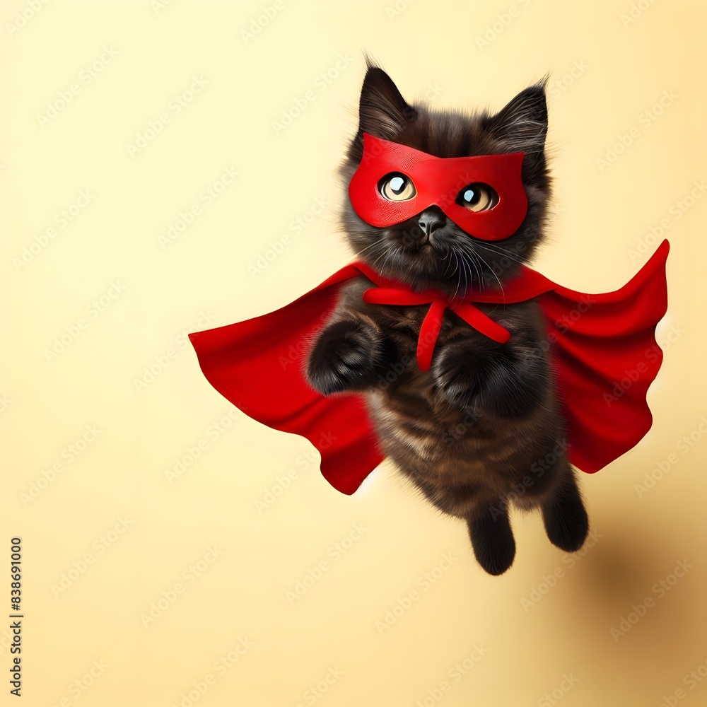 hero cat, Cute black tabby kitty with a red cloak and mask jumping and ...