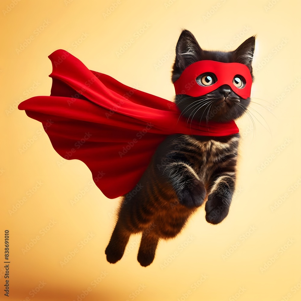 hero cat, Cute black tabby kitty with a red cloak and mask jumping and ...