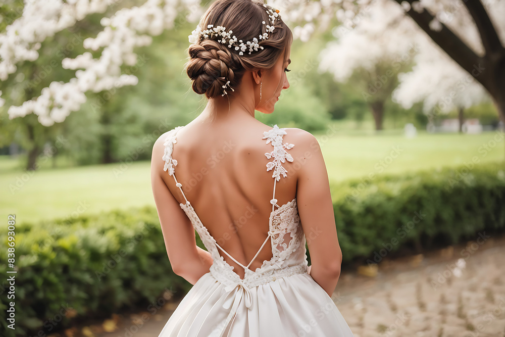Bride in park facing back in white wedding dress with lace and bare ...