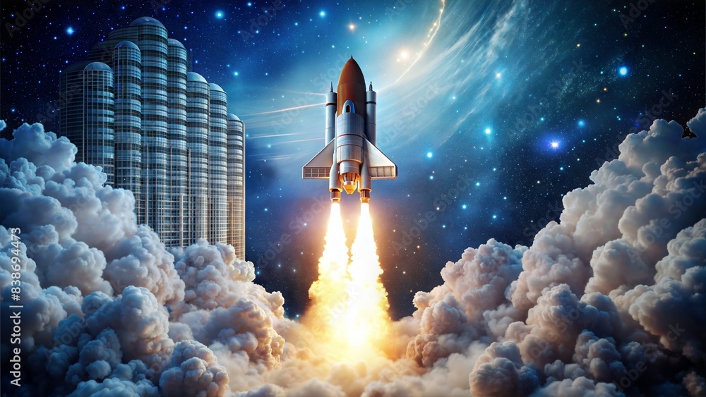 Illustrate a rocket blasting off into space, breaking through the ...