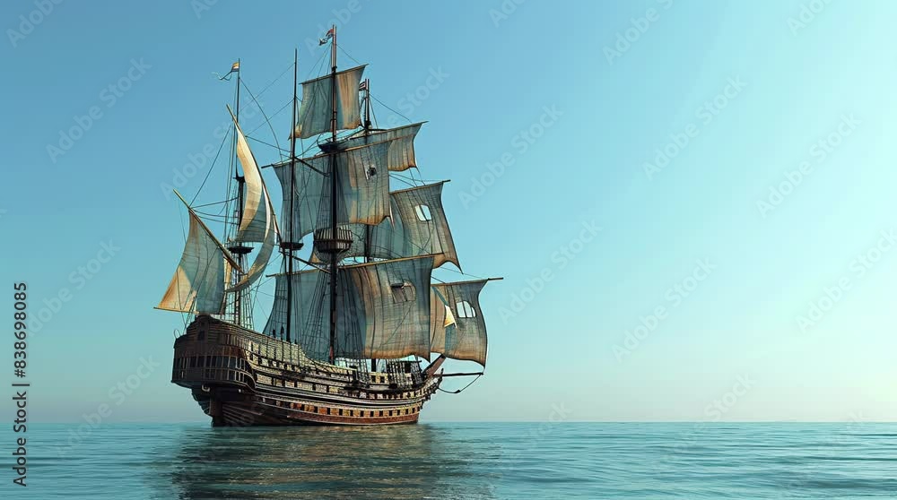Ship sailing on tranquil ocean waters under a sunny sky, serene and ...