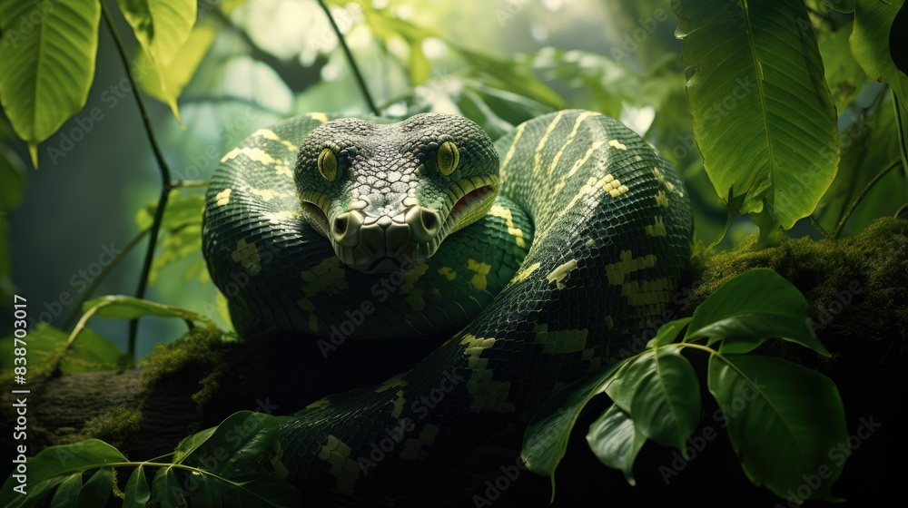 Photograph of a photorealistic emerald tree boa coiled around a branch ...