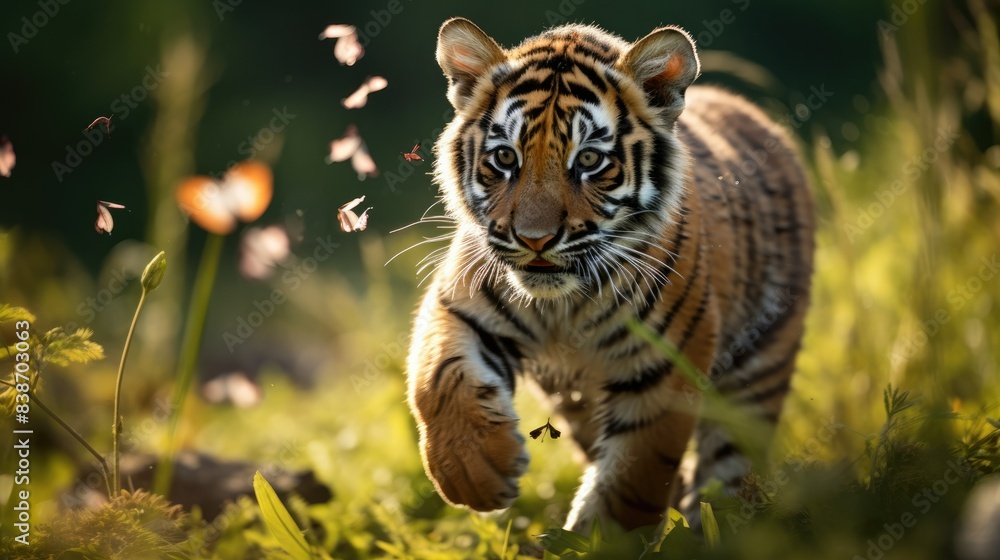 Photograph of a playful Sumatran tiger cub chasing butterflies in a sun ...