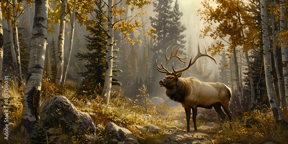 a digital rendering of a bull elk standing in a forest elk is facing ...