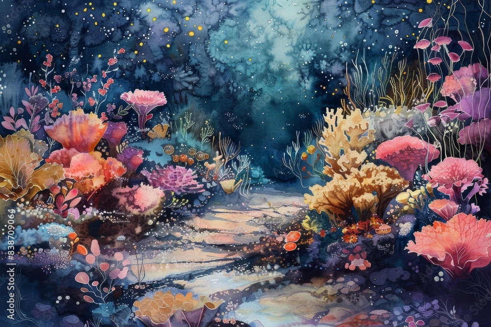 Lively watercolor painting of a tiny aquatic ecosystem, showcasing ...