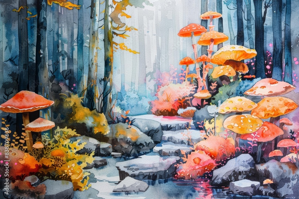 Lively watercolor painting of a tiny aquatic ecosystem, showcasing ...