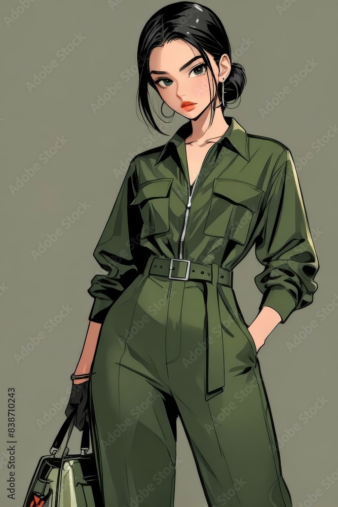 Girl in jumpsuit cinched waist Anime style illustration, flat anime ...